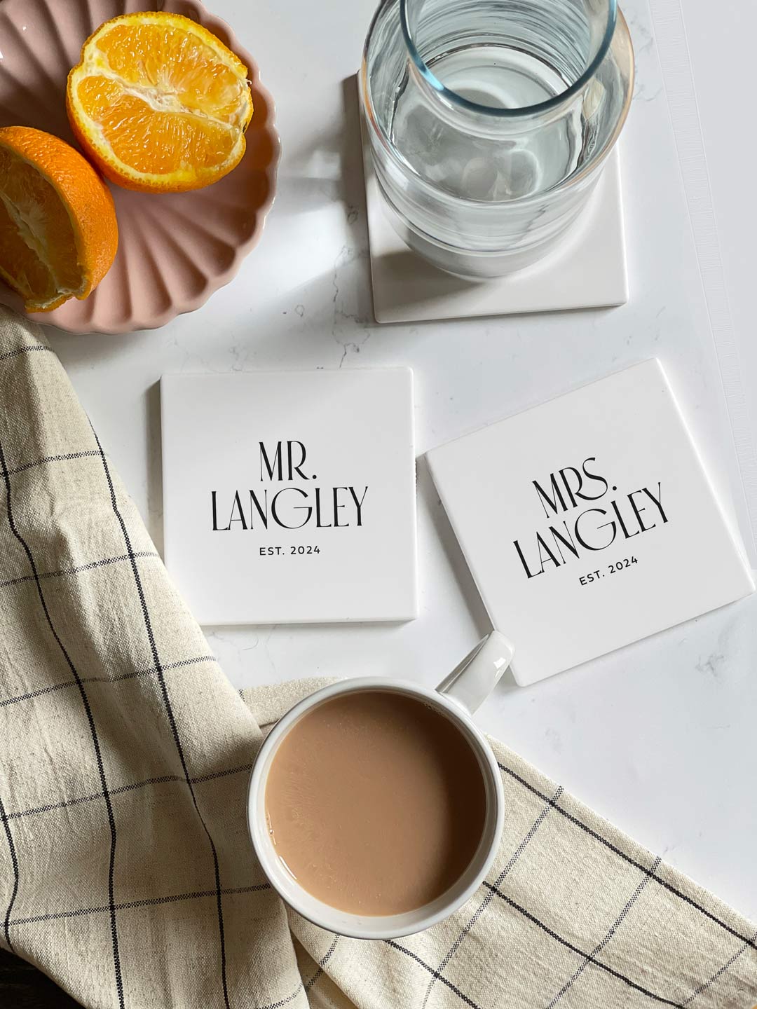 Set of Two Ceramic Couples Coaster Set with Custom Wedding Date & Name ...